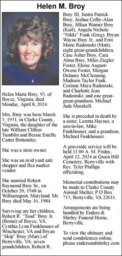 Helen M. Broy | Obituaries | winchesterstar.com