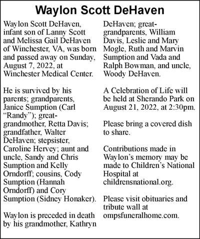 Waylon Scott DeHaven | Obituaries | winchesterstar.com