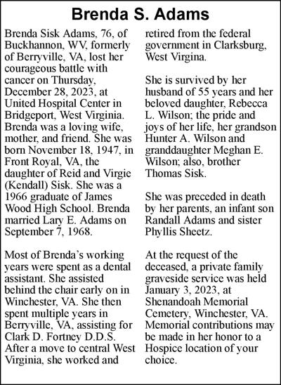 Brenda S. Adams | Obituaries | winchesterstar.com