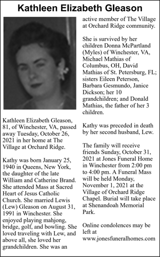 Kathleen Elizabeth Gleason | Obituaries | winchesterstar.com