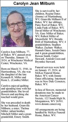 Carolyn Jean Milburn | Obituaries | winchesterstar.com