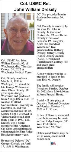 Col. USMC Ret. John William Dresely | Obituaries | winchesterstar.com