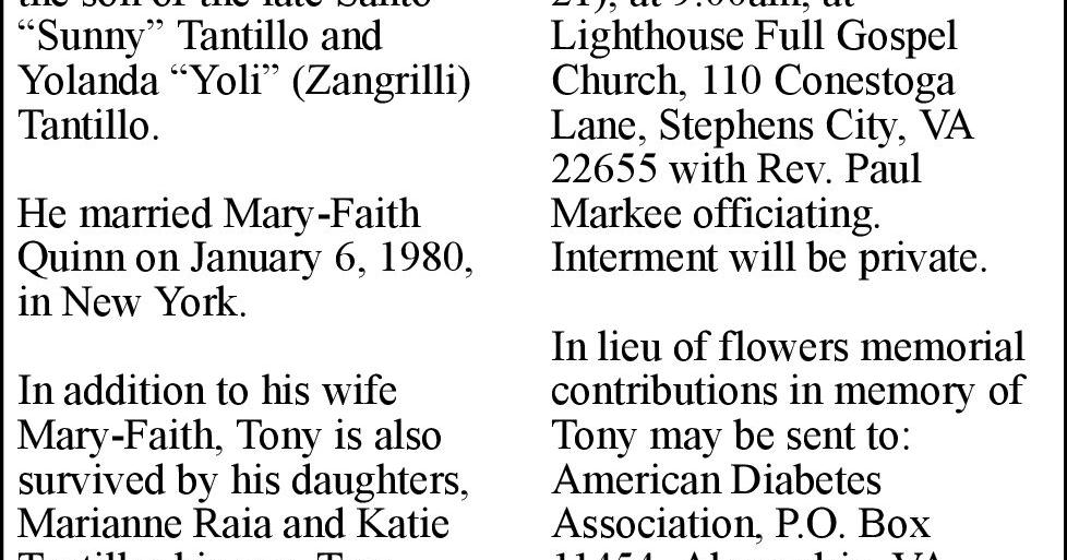 Anthony Louis Tantillo “Tony” | Obituaries | winchesterstar.com