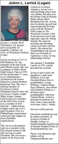 JoAnn L. Larrick (Logan) | Obituaries | winchesterstar.com