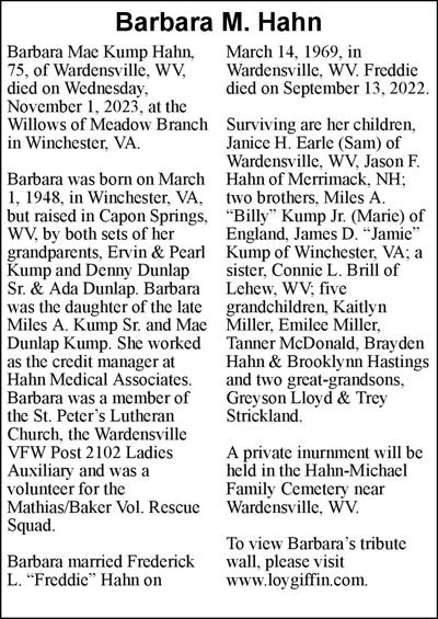 Barbara M. Hahn | Obituaries | winchesterstar.com