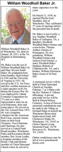 William Woodhull Baker Jr. | Obituaries | winchesterstar.com