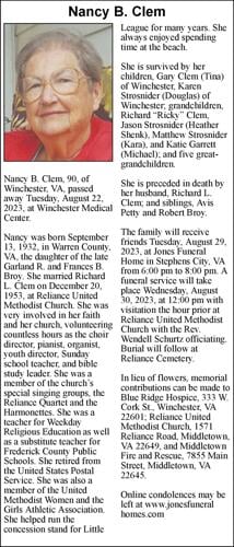 Nancy B. Clem | Obituaries | winchesterstar.com