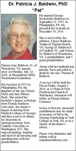 Dr. Patricia J. Baldwin, PhD “Pat” | Obituaries | winchesterstar.com