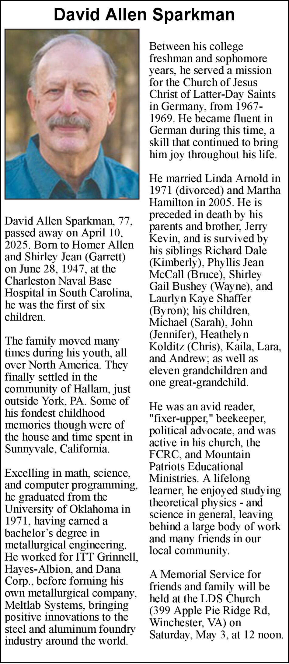 David Allen Sparkman | Obituaries | winchesterstar.com