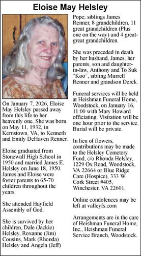 Eloise May Helsley | Obituaries | winchesterstar.com