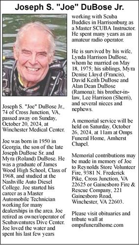 Joseph S. "Joe" DuBose Jr. | Obituaries | winchesterstar.com