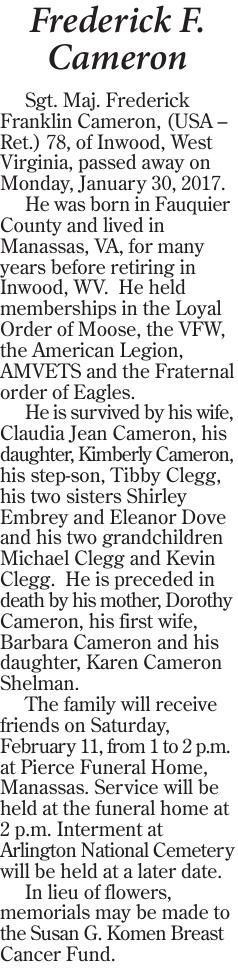 Sgt. Maj. Frederick Franklin Cameron | Obituaries | winchesterstar.com
