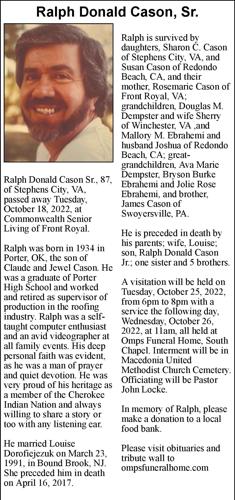 Ralph Donald Cason, Sr. | Obituaries | winchesterstar.com