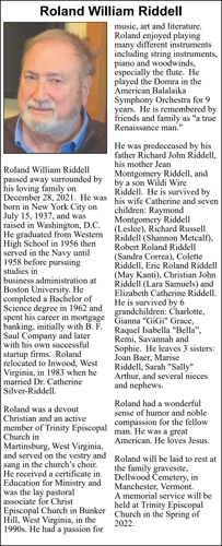 Roland William Riddell | Obituaries | winchesterstar.com
