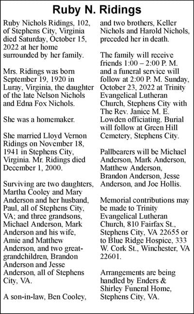 Ruby N. Ridings | Obituaries | winchesterstar.com