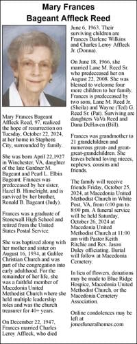 Mary Frances Bageant Affleck Reed | Obituaries | winchesterstar.com