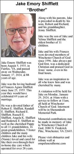 Jake Emory Shifflett “Brother” | Obituaries | winchesterstar.com