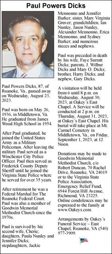 Paul Powers Dicks | Obituaries | winchesterstar.com