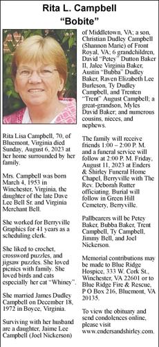 Rita L. Campbell “Bobite” | Obituaries | winchesterstar.com