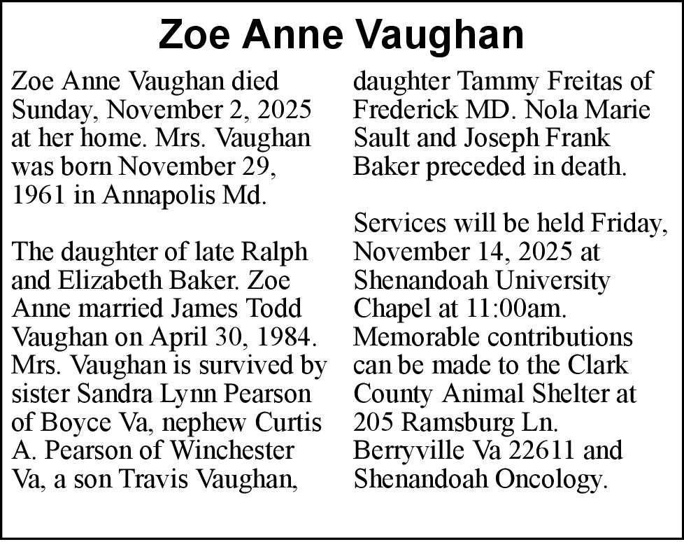 Zoe Anne Vaughan | Obituaries | winchesterstar.com