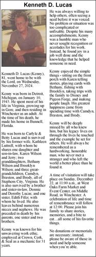 Kenneth D. Lucas | Obituaries | winchesterstar.com