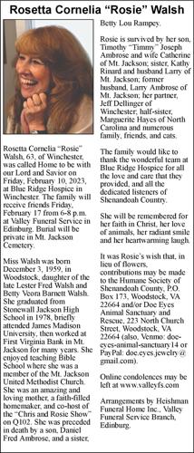 Rosetta Cornelia “Rosie” Walsh | Obituaries | winchesterstar.com