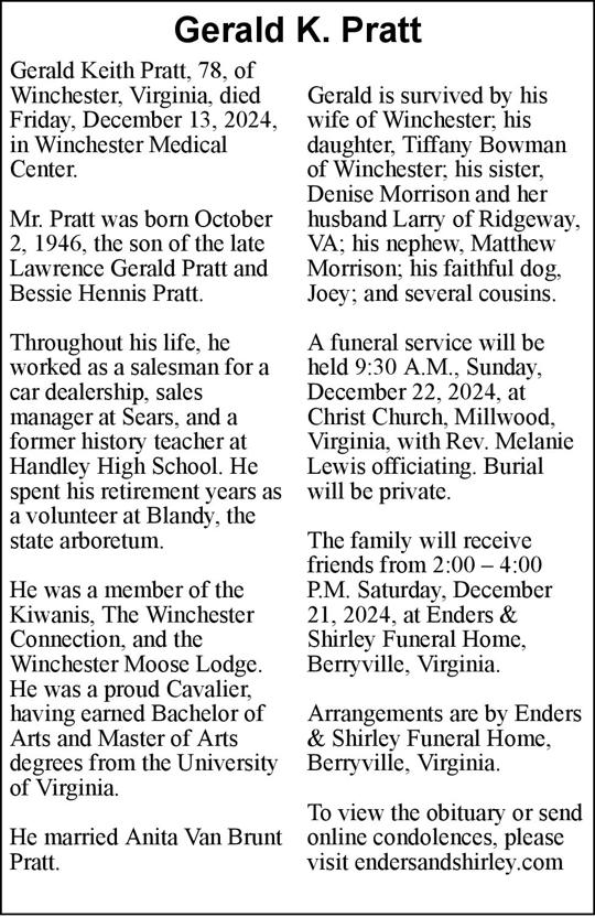 Gerald K. Pratt | Obituaries | winchesterstar.com