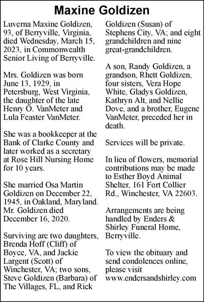 Maxine Goldizen | Obituaries | winchesterstar.com