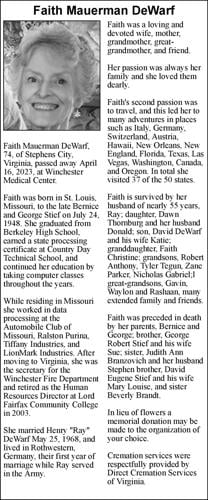 Faith Mauerman DeWarf | Obituaries | winchesterstar.com