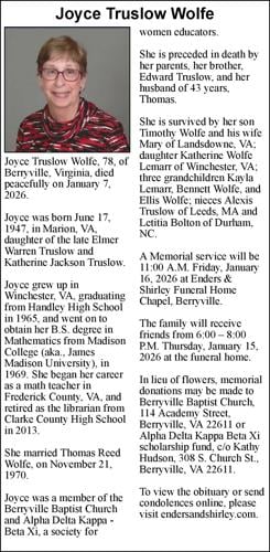 Joyce Truslow Wolfe | Obituaries | winchesterstar.com