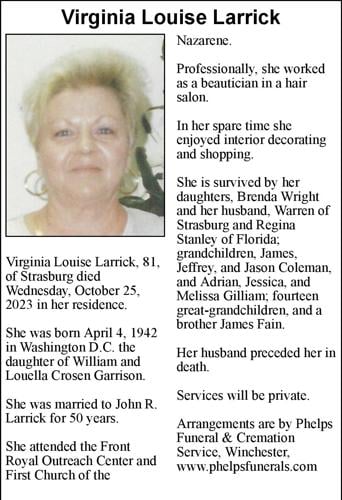 Virginia Louise Larrick | Obituaries | winchesterstar.com