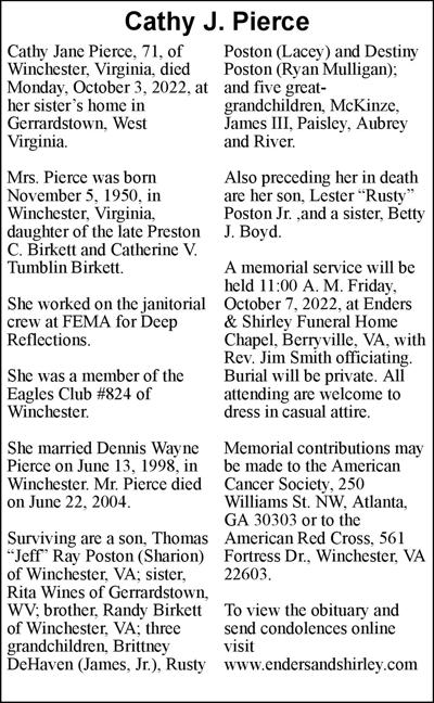 Cathy J. Pierce | Obituaries | winchesterstar.com