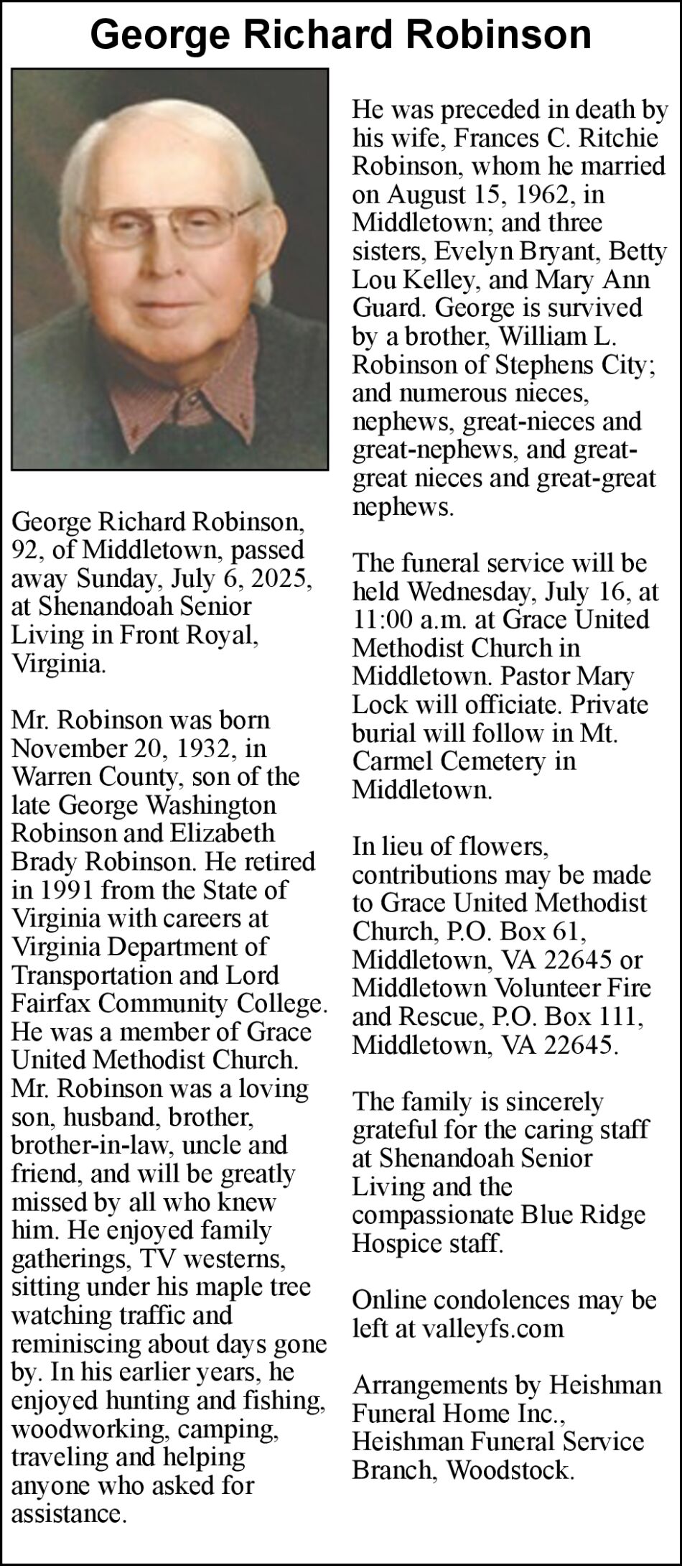 George Richard Robinson | Obituaries | winchesterstar.com