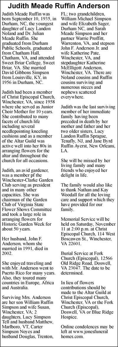 Judith Meade Ruffin Anderson | Obituaries | winchesterstar.com