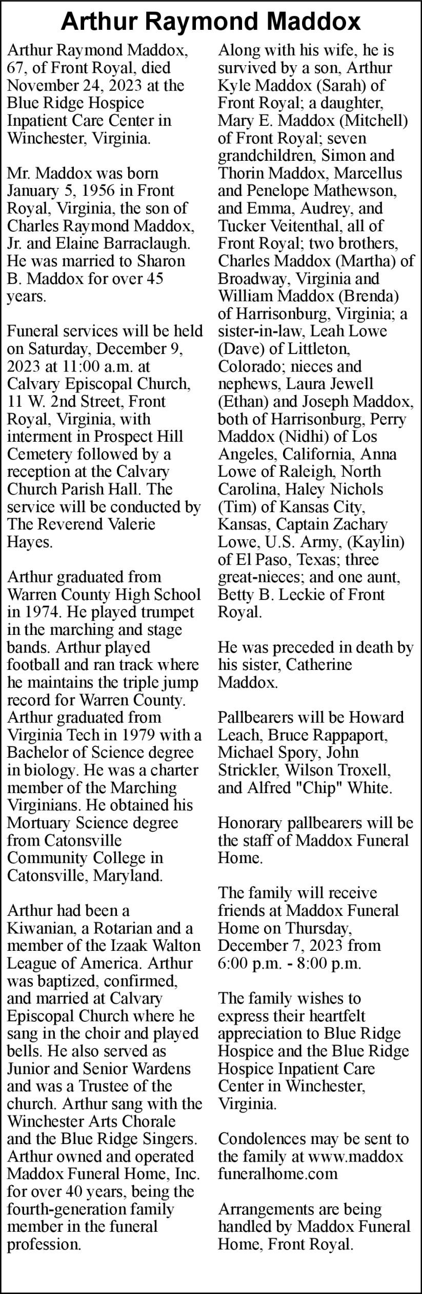 Arthur Raymond Maddox | Obituaries | winchesterstar.com