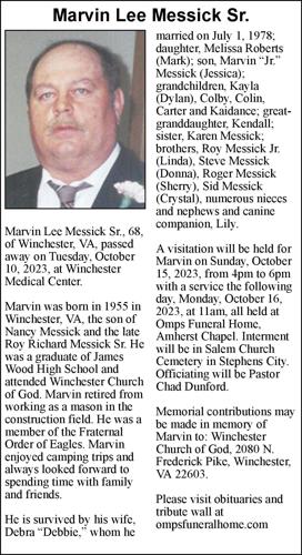 Marvin Lee Messick Sr. | Obituaries | winchesterstar.com