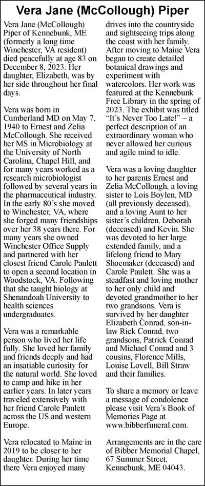 Vera Jane (McCollough) Piper | Obituaries | winchesterstar.com