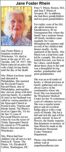 Jane Foster Rhein | Obituaries | winchesterstar.com