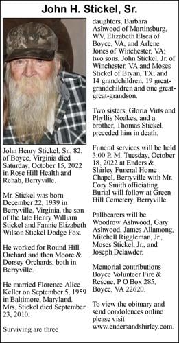 John H. Stickel, Sr. | Obituaries | winchesterstar.com
