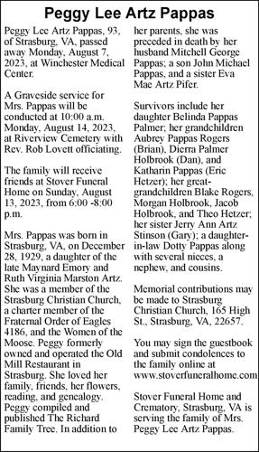 Peggy Lee Artz Pappas | Obituaries | winchesterstar.com