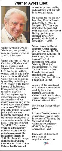 Warner Ayres Eliot | Obituaries | winchesterstar.com