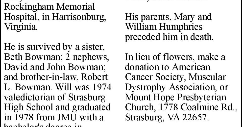 William Booker Humphries III | Obituaries | winchesterstar.com