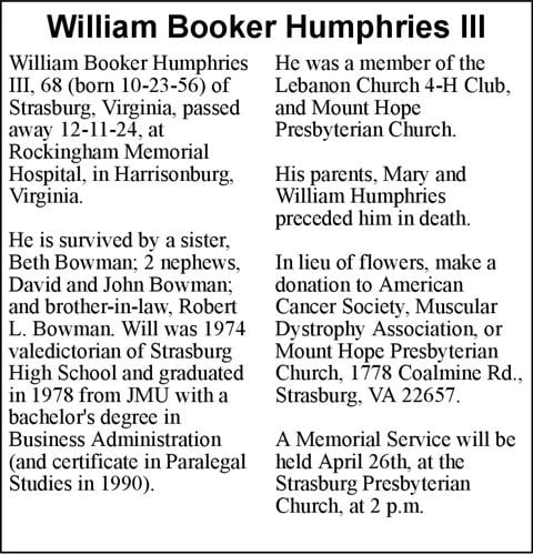 William Booker Humphries III | Obituaries | winchesterstar.com