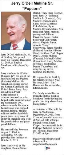 Jerry O’Dell Mullins Sr. “Popcorn” | Obituaries | winchesterstar.com