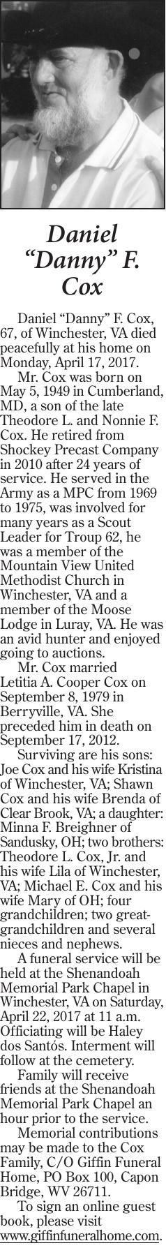 Daniel “Danny” F. Cox | Obituaries | winchesterstar.com