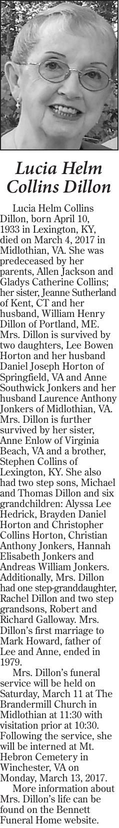 Lucia Helm Collins Dillon | Obituaries | winchesterstar.com