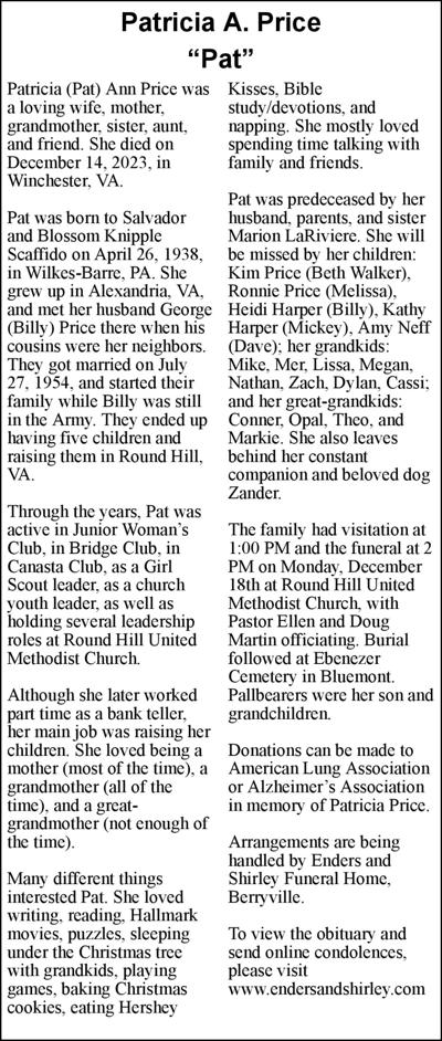 Patricia A. Price “Pat” | Obituaries | winchesterstar.com
