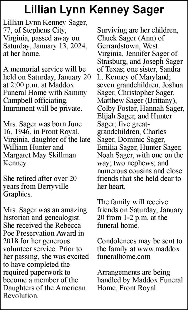 Lillian Lynn Kenney Sager | Obituaries | winchesterstar.com