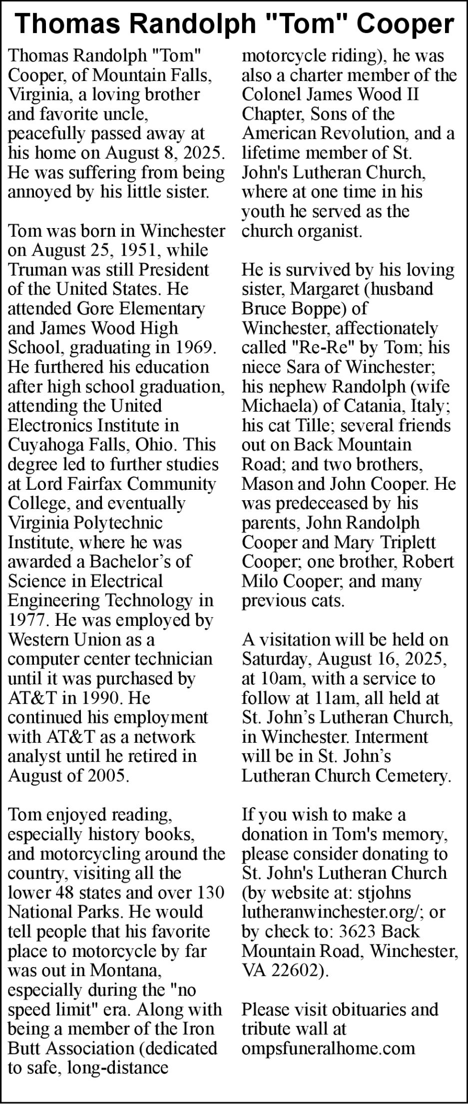 Thomas Randolph "Tom" Cooper | Obituaries | winchesterstar.com