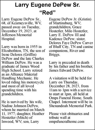 Larry Eugene DePew Sr. “Red” | Obituaries | winchesterstar.com